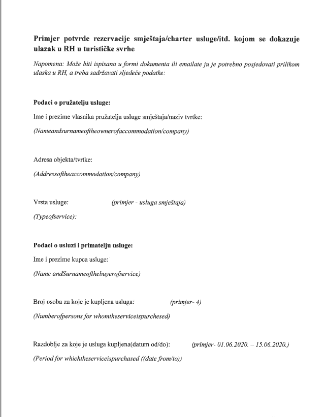 Primjer potvrde rezervacije i web stranica za najavu ulaska stranih ...